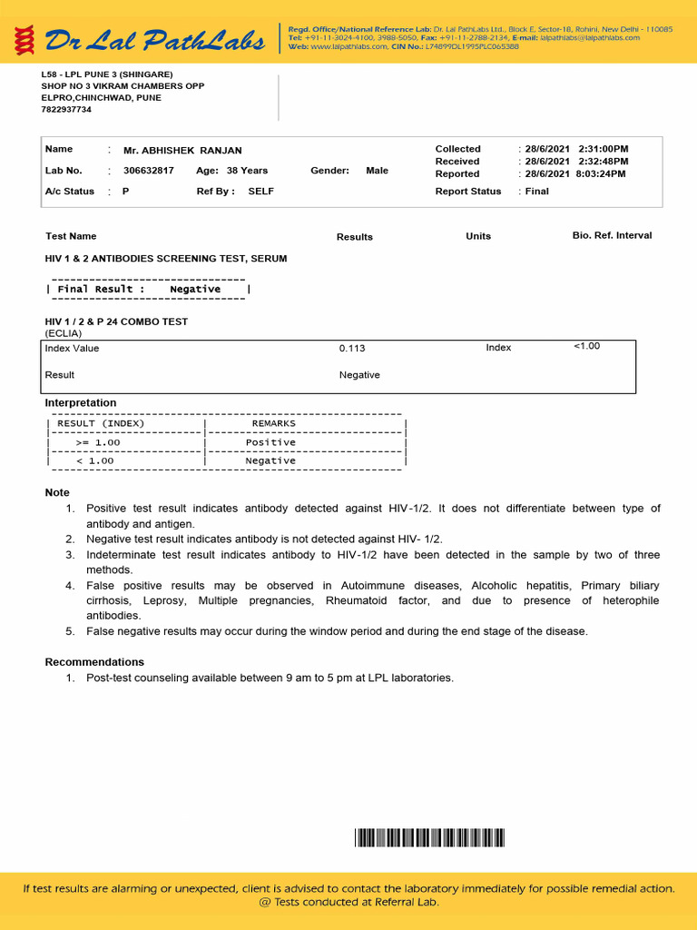 Test Results | PDF | Lentiviruses | Hiv/Aids