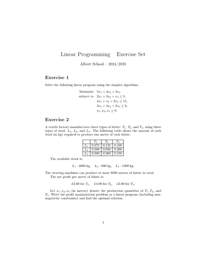 Exercise Set | PDF | Linear Programming | Mathematical Optimization