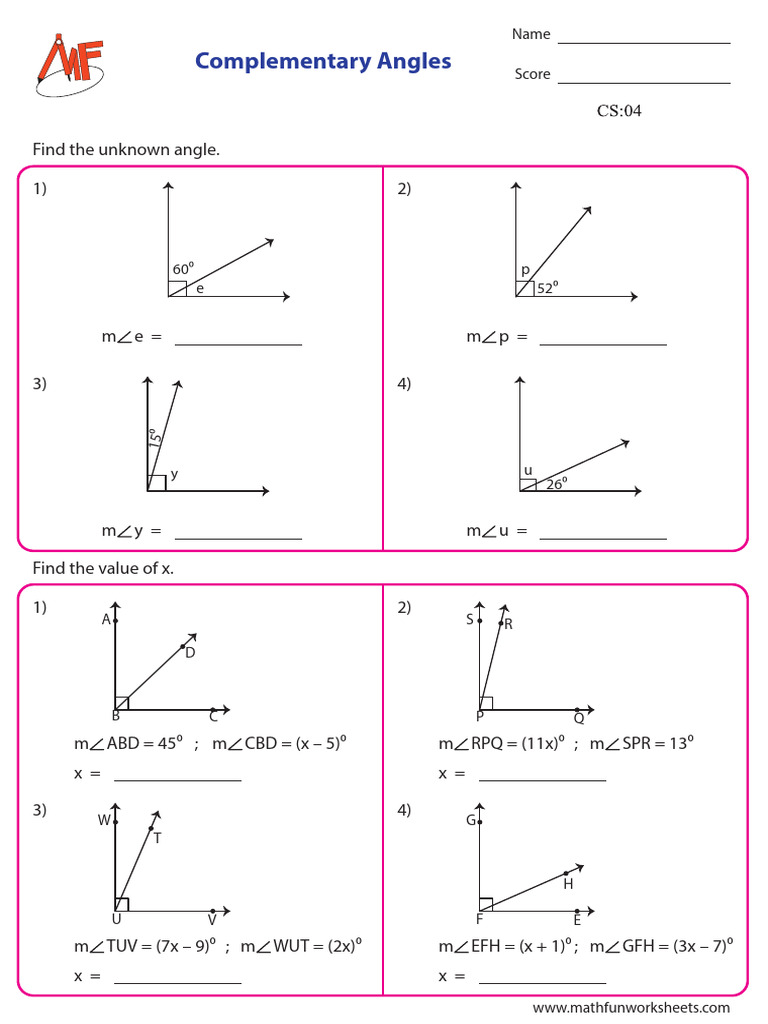 Complementary Angles Worksheet 2 | PDF