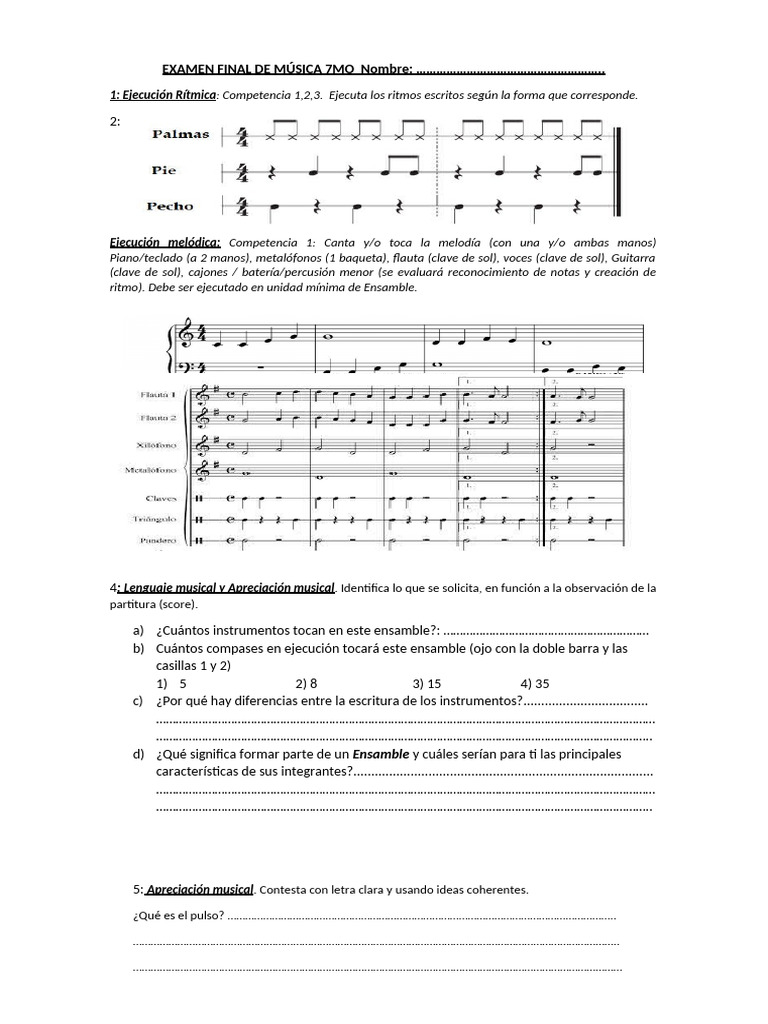 Examen Final de Música 7mo Grado | PDF | Ritmo | Clave