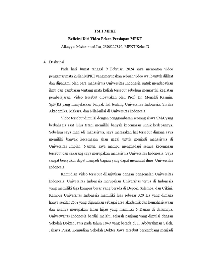 TM 1 MPKT Refleksi Diri Video Pekan Persiapan MPKT | PDF