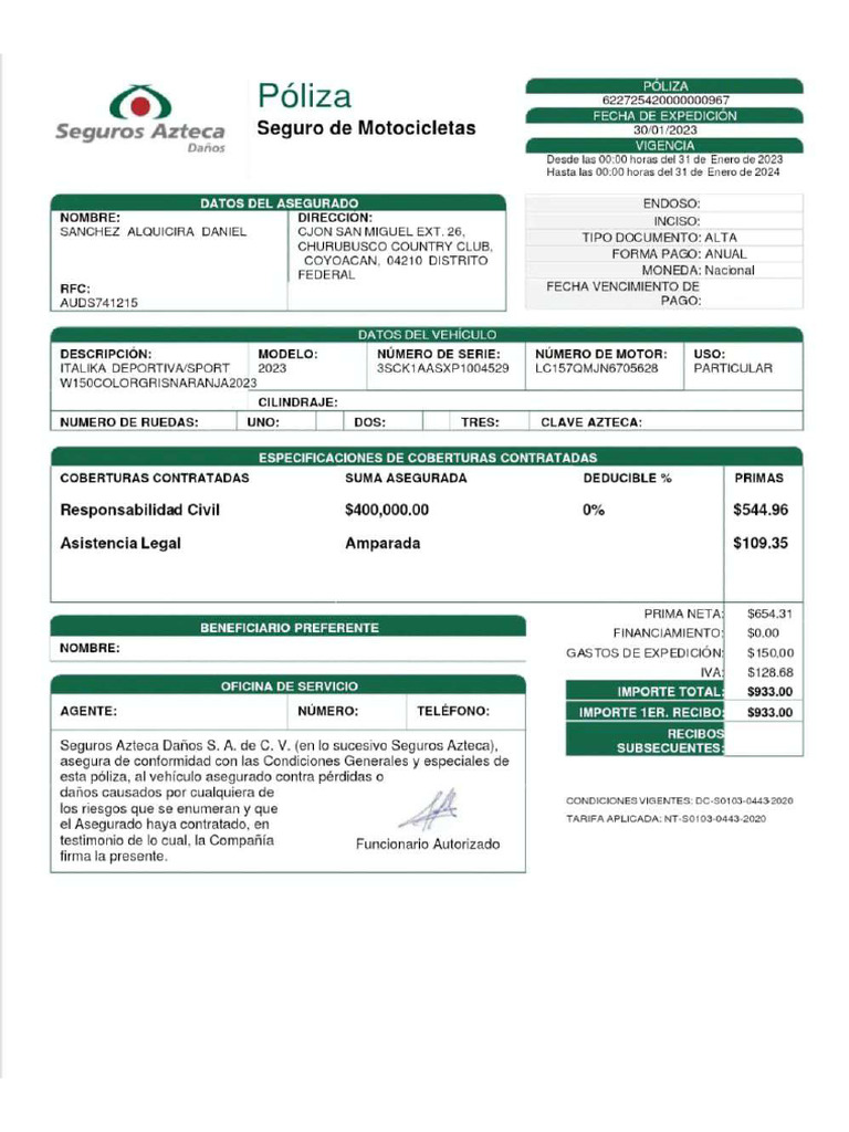 Ejemplo de La Poliza de Vehiculo | PDF