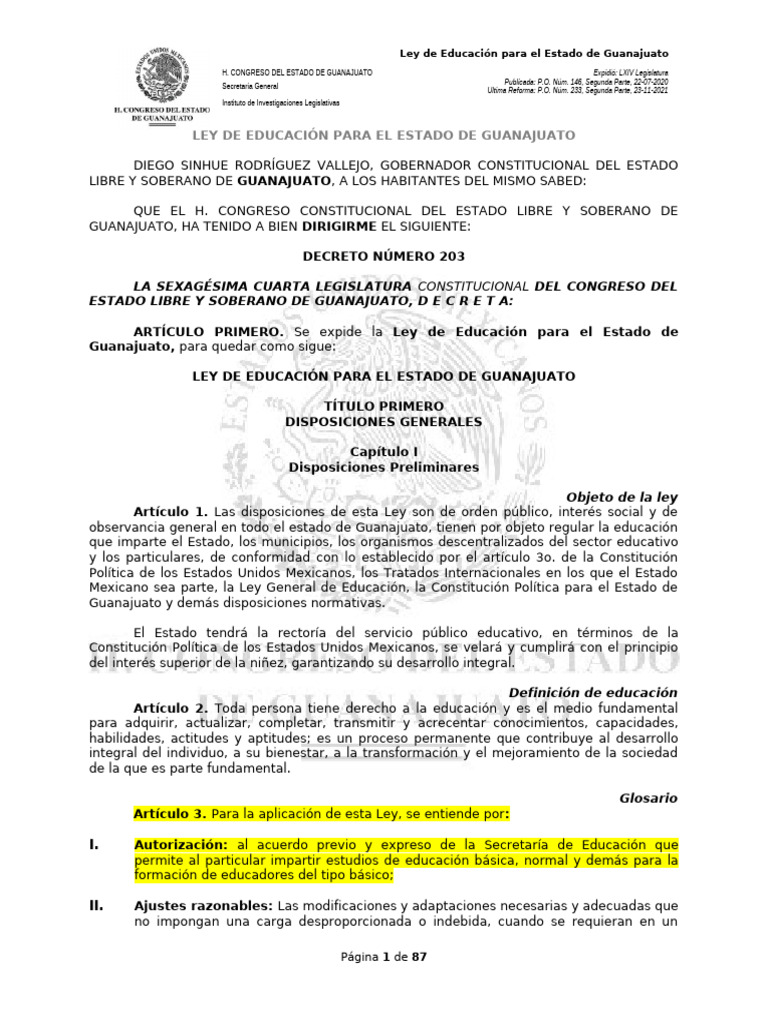 Ley de Educaci N para El Estado de Guanajuato Ref PO 23-11-2021 | PDF | Educación de la primera ...