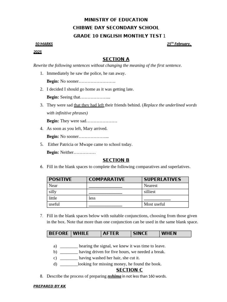 Grade 10 English Monthly Test 1 | PDF | Syntax | Language Mechanics