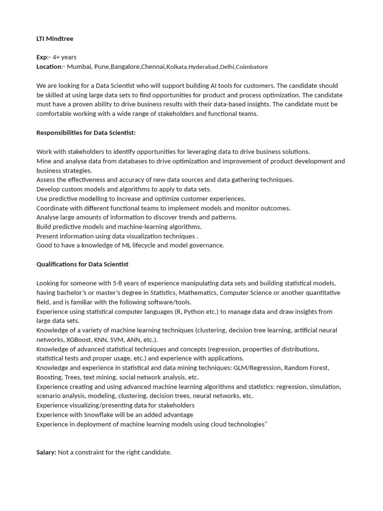 LTIMindtree - Data Scientist | PDF | Machine Learning | Data Science