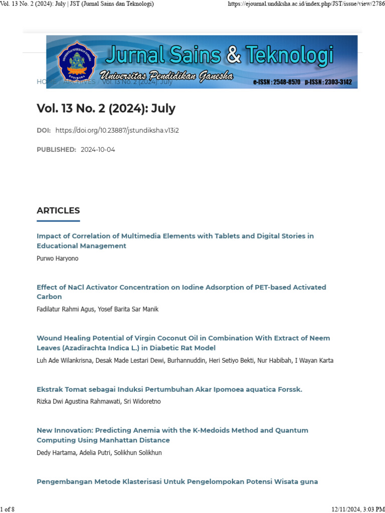 Vol. 13 No. 2 (2024) - July - JST (Jurnal Sains Dan Teknologi) | PDF