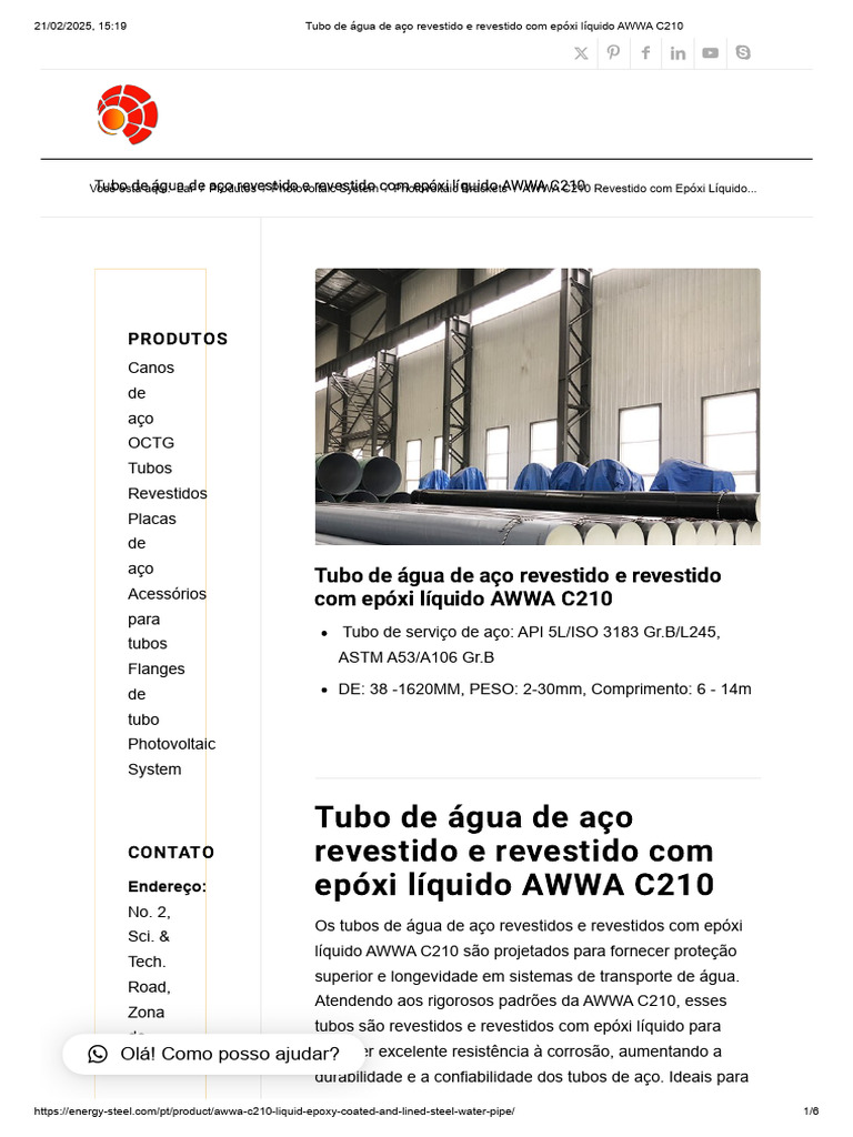 Tubo de Água de Aço Revestido e Revestido Com Epóxi Líquido AWWA C210 ...