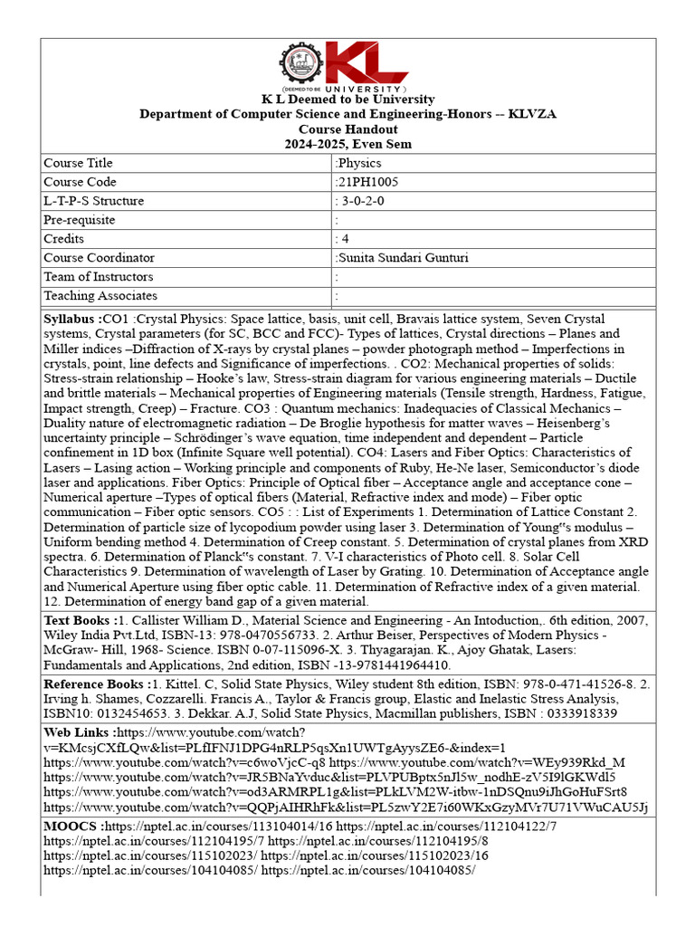 21PH1005 Physics Course handout 2023-2024 EVEN SEM | PDF | Engineering ... 21PH1005 Physics Course handout 2023-2024 EVEN SEM | PDF | Engineering ...