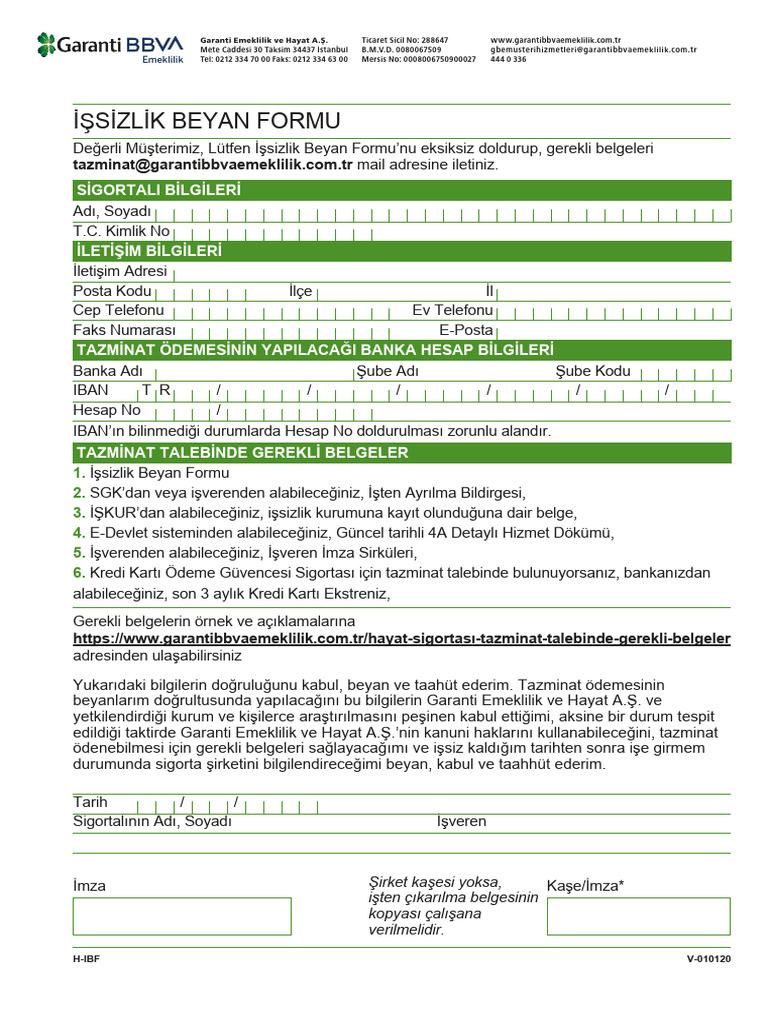 Issizlik Beyan Formu - PDF 2020 | PDF
