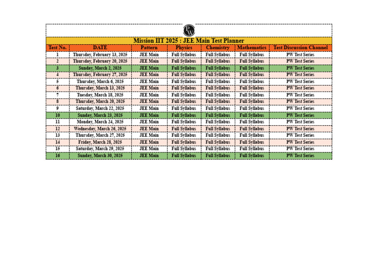 Mission IIT 2025 - JEE Main Test Planner | PDF