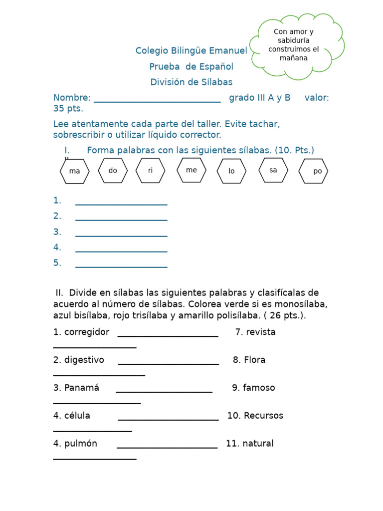 Prueba de División de Sílabas | PDF