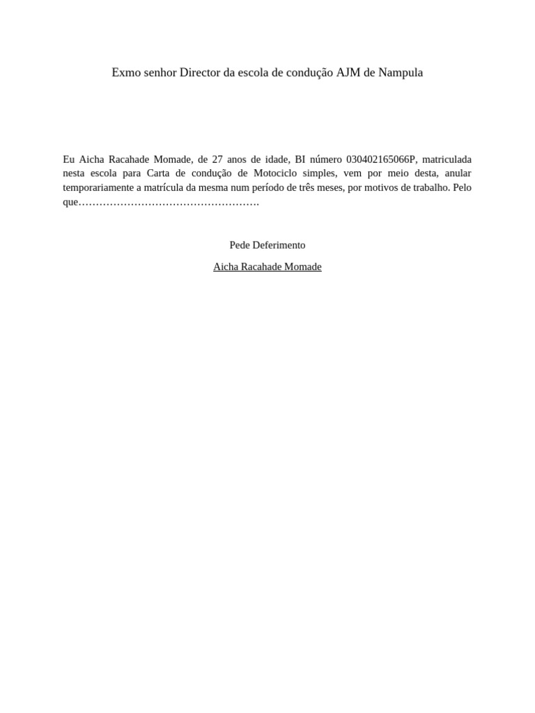 Exmo Senhor Director Da Escola de Condução AJM de Nampula | PDF