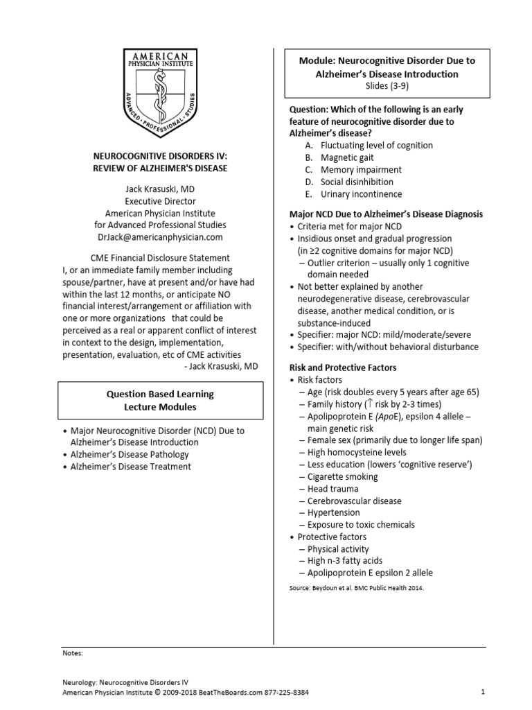 Module: Neurocognitive Disorder Due To Alzheimer's Disease Introduction | PDF | Alzheimer's ...