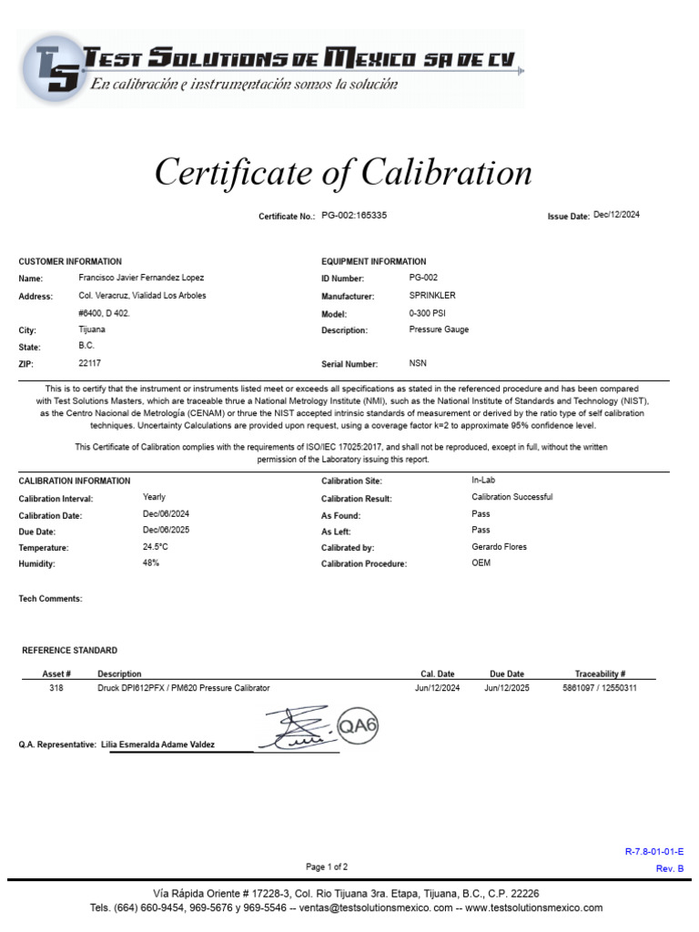 Calibration Certificate for Pressure Gauge | PDF | Calibration | Accuracy And Precision