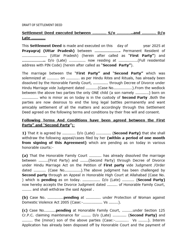 Draft of Settlement Deed | PDF | Divorce | Marriage