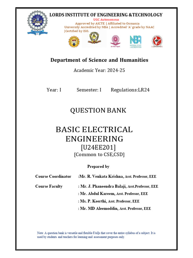 Bee Question Bank Lr24 Sem 1 | PDF | Electric Motor | Inductance