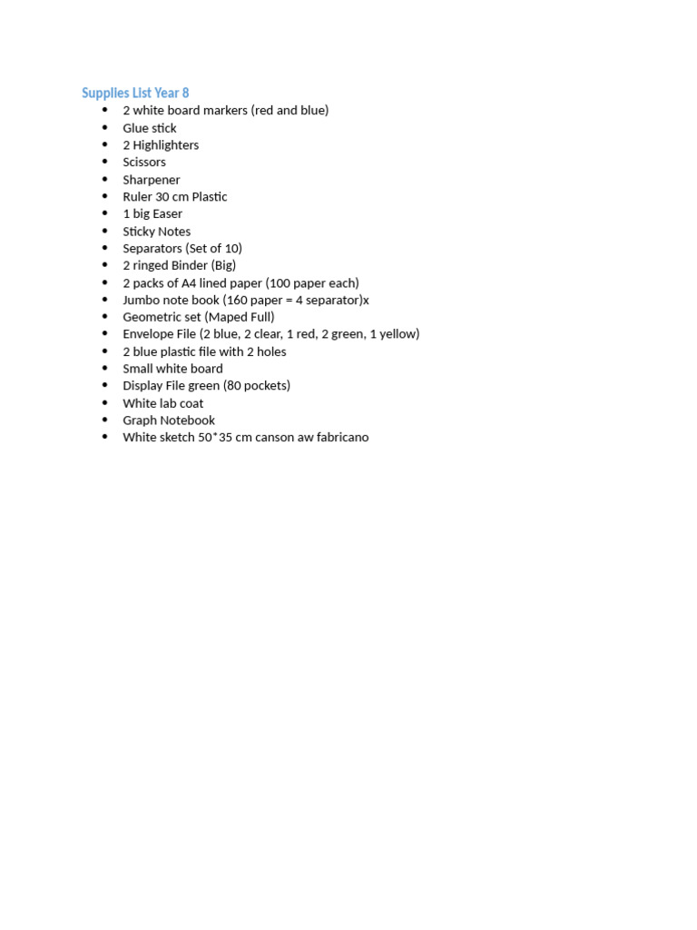 Supplies List Year 2 | PDF