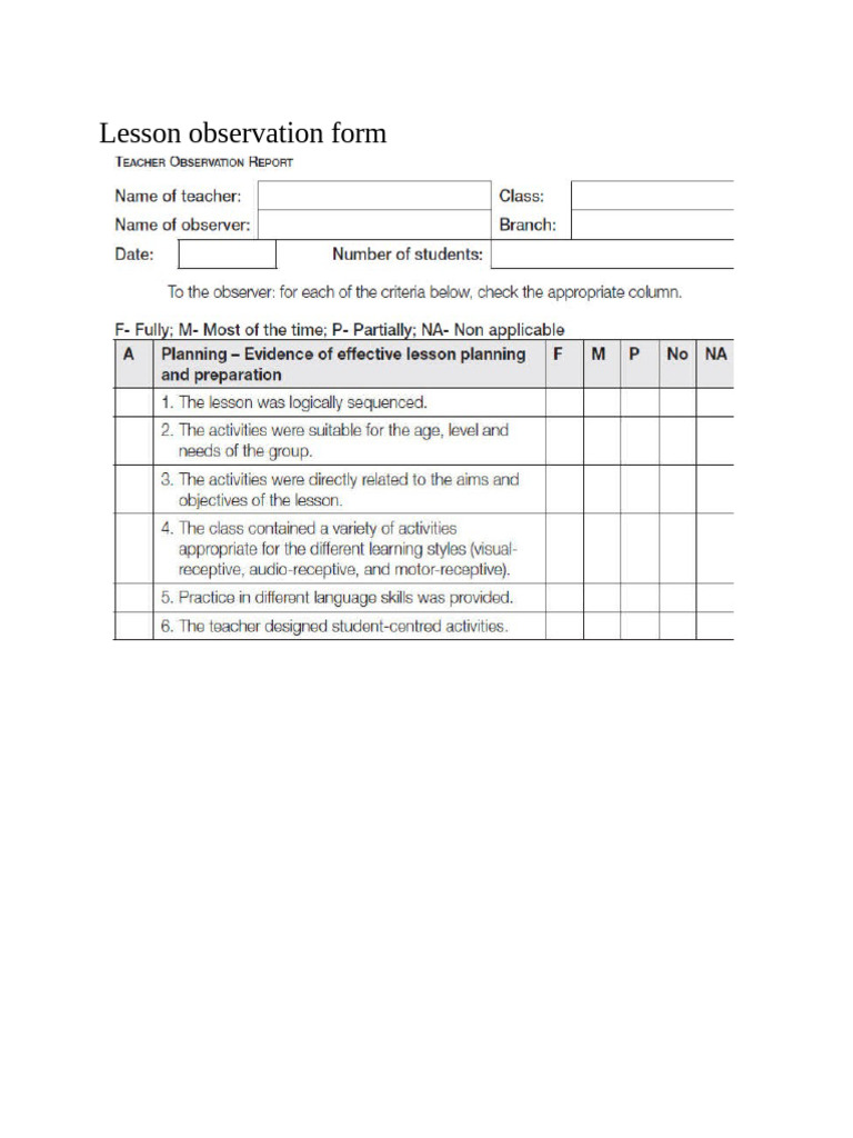 Lesson Observation Form | PDF | Teachers | Learning