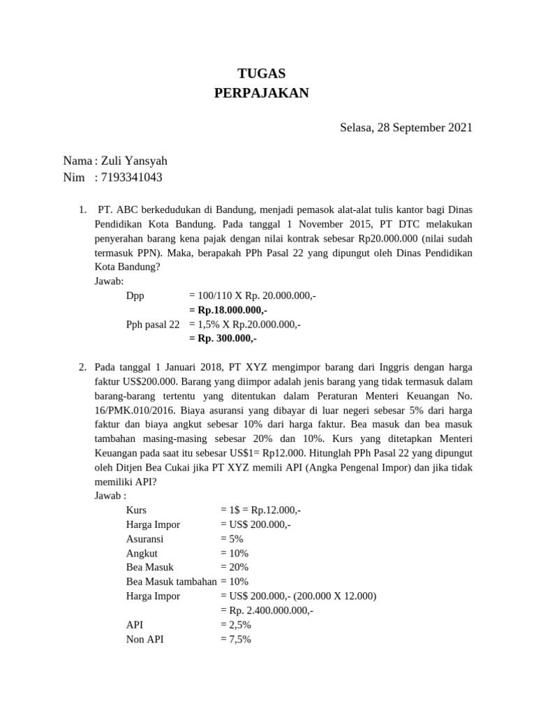 Tugas Perpajakan - Zuli Yansyah - PPH Pasal 22 | PDF