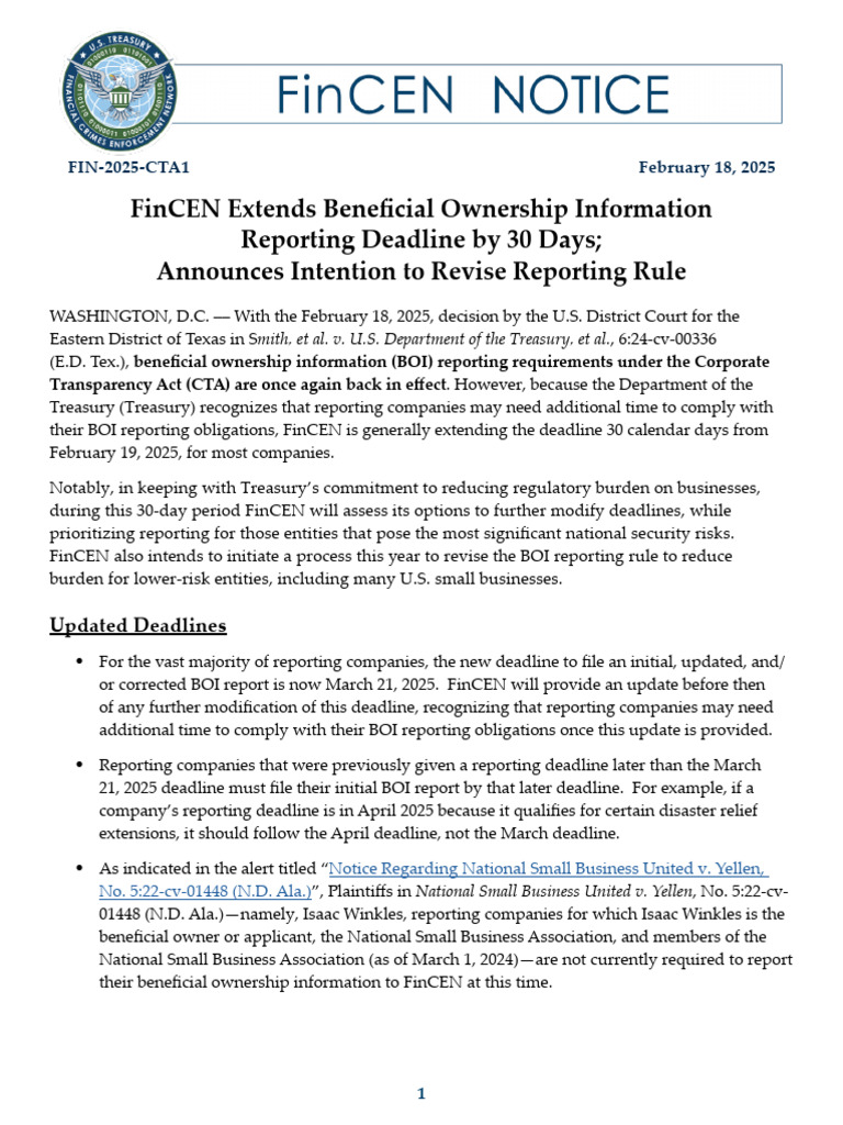 FinCEN BOI Notice Deadline Extension 508FINAL | PDF | United States Law ...