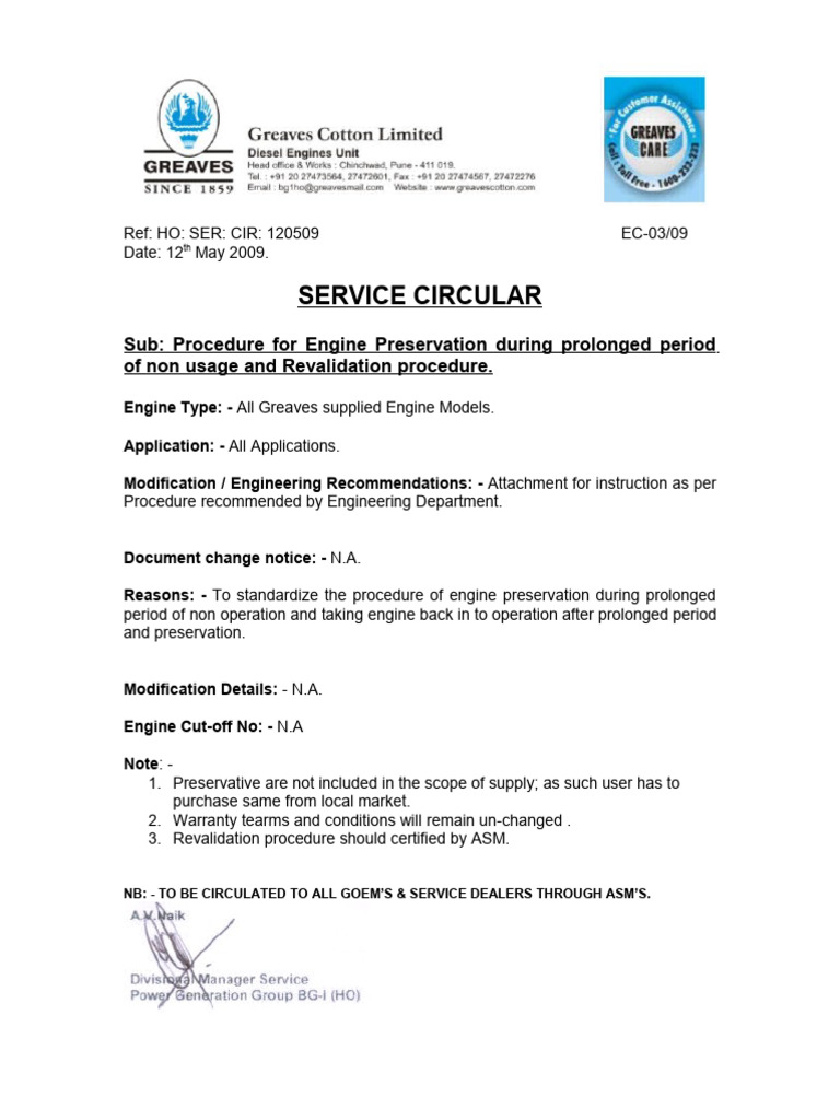 M.03.09 Engine Preservation Revalidation Procedure Circular 12.05.09 | PDF