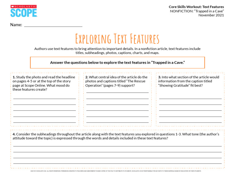 Scholastic Trapped in A Cave Text Features | PDF