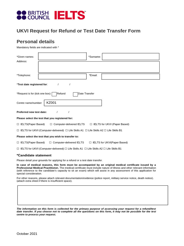 UKVI Refund and Test Transfer Form | PDF