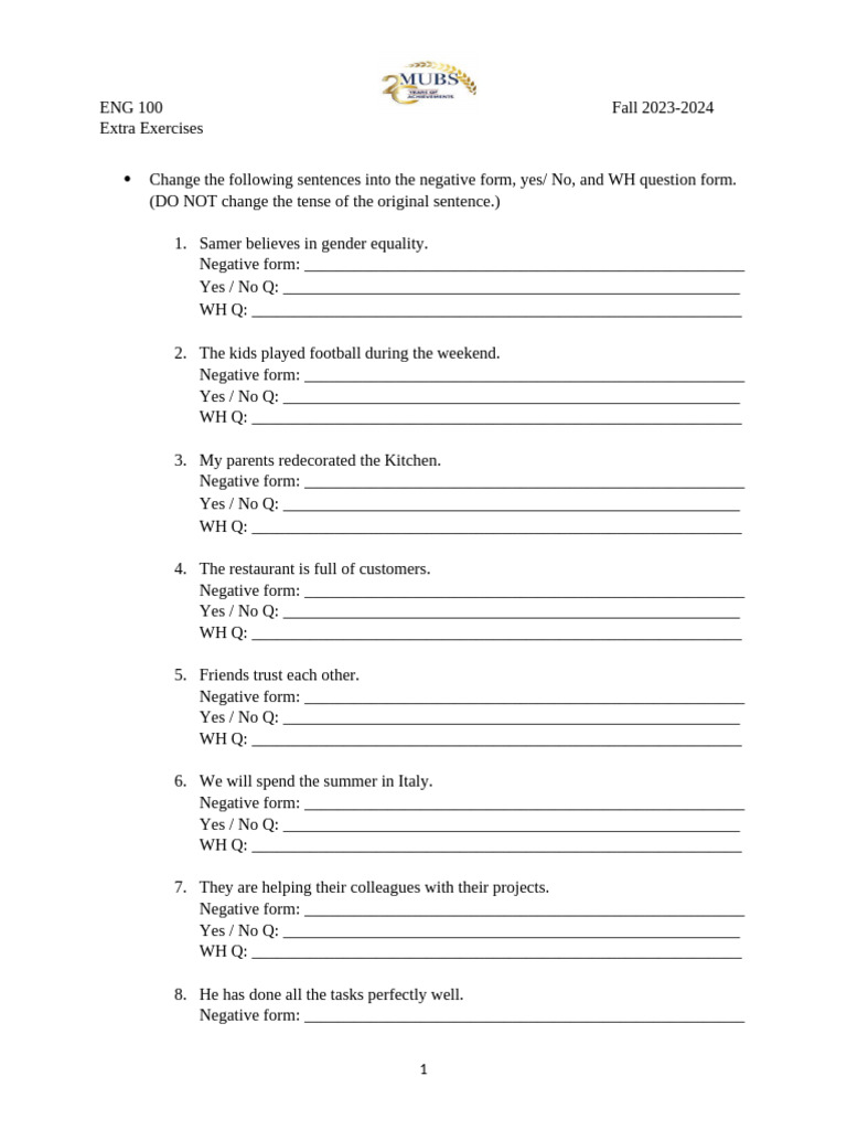 ENG 100 Change Into Negative and Question Form | PDF | Linguistic ...