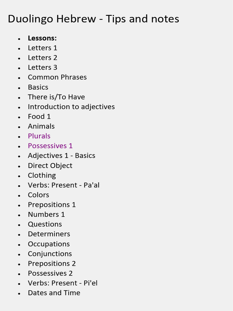 Duolingo Hebrew - Tips and Notes | PDF | Grammatical Gender | Plural