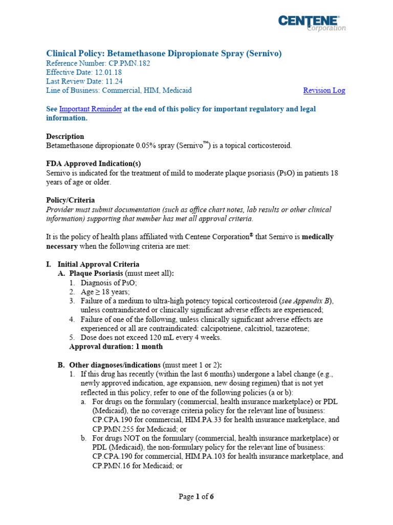 Sernivo Clinical Policy Overview | PDF | Topical Medication | Medical ...