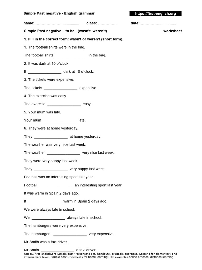Simple Past 76 Negatives Wasnt Werent Worksheet | PDF