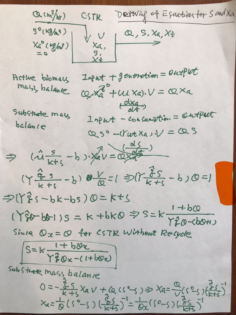 ECHE0673-EENV5551-Deriving Equation for S and Xa Calculations for a CSTR or Chemostat | PDF