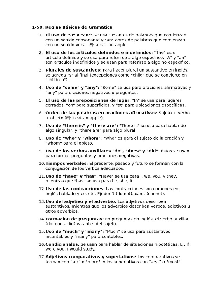 Reglas gramaticales del ingl´s | PDF | Plural | Verbo