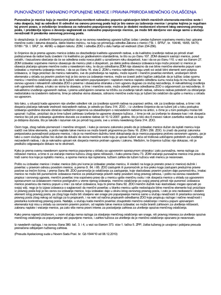PUNOVAZNOST NAKNADNO POPUNjENE MENICE I | PDF