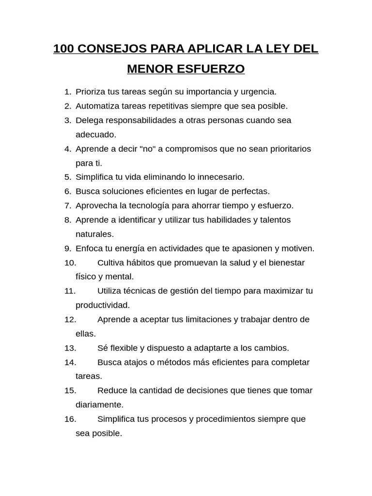 100 Consejos para Aplicar La Ley Del Menor Esfuerzo | PDF | Gestión del tiempo | Habilidades ...