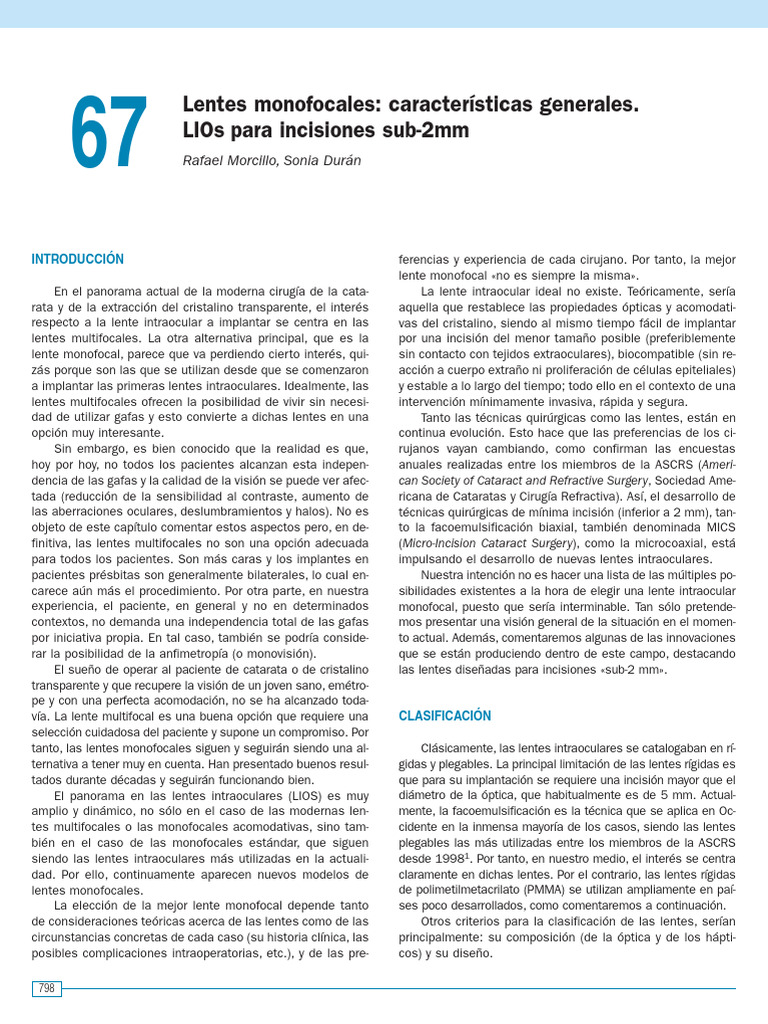 Lentes Monofocales, Características Generales. LIOs para Incisiones Sub ...