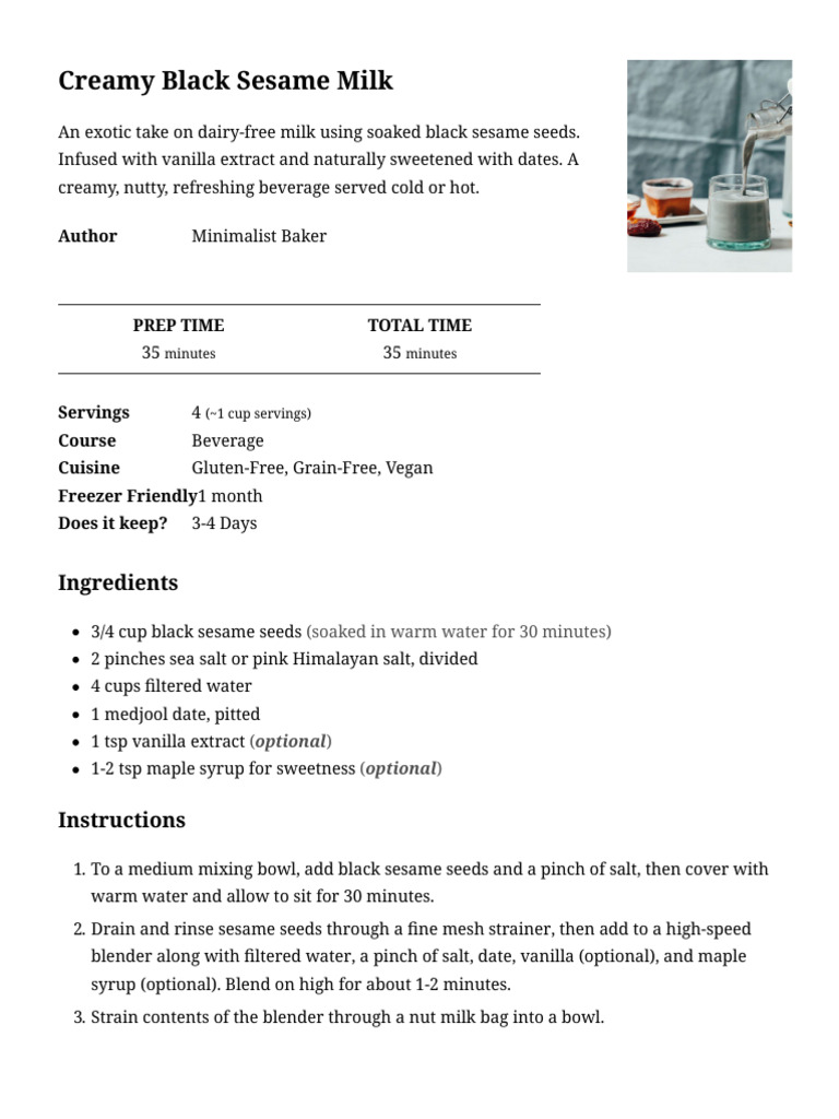 Creamy Black Sesame Milk - Minimalist Baker Recipes | PDF