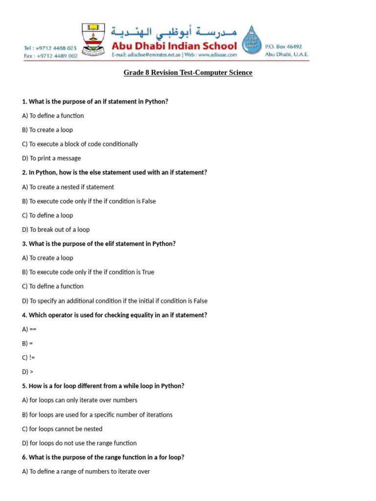 Grade 8 Computer Science Revision Test | PDF | Control Flow ...