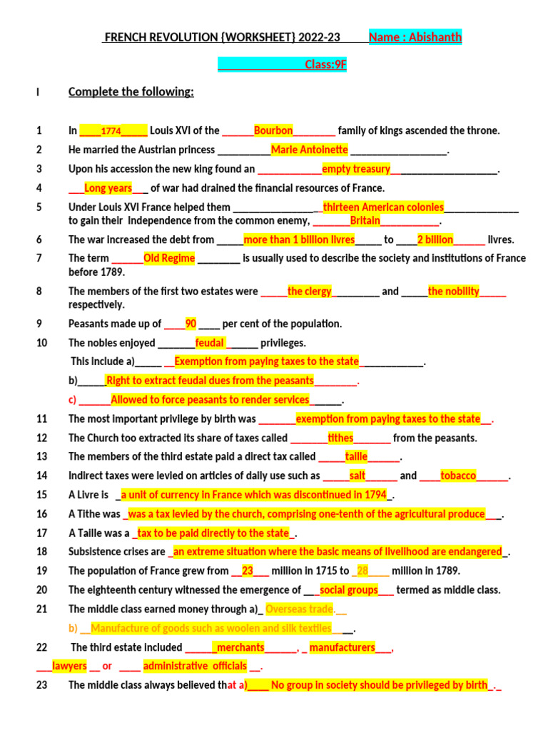 French Revolution WK - Sheet - Abishanth Senthil Kumar | PDF | Taxes ...