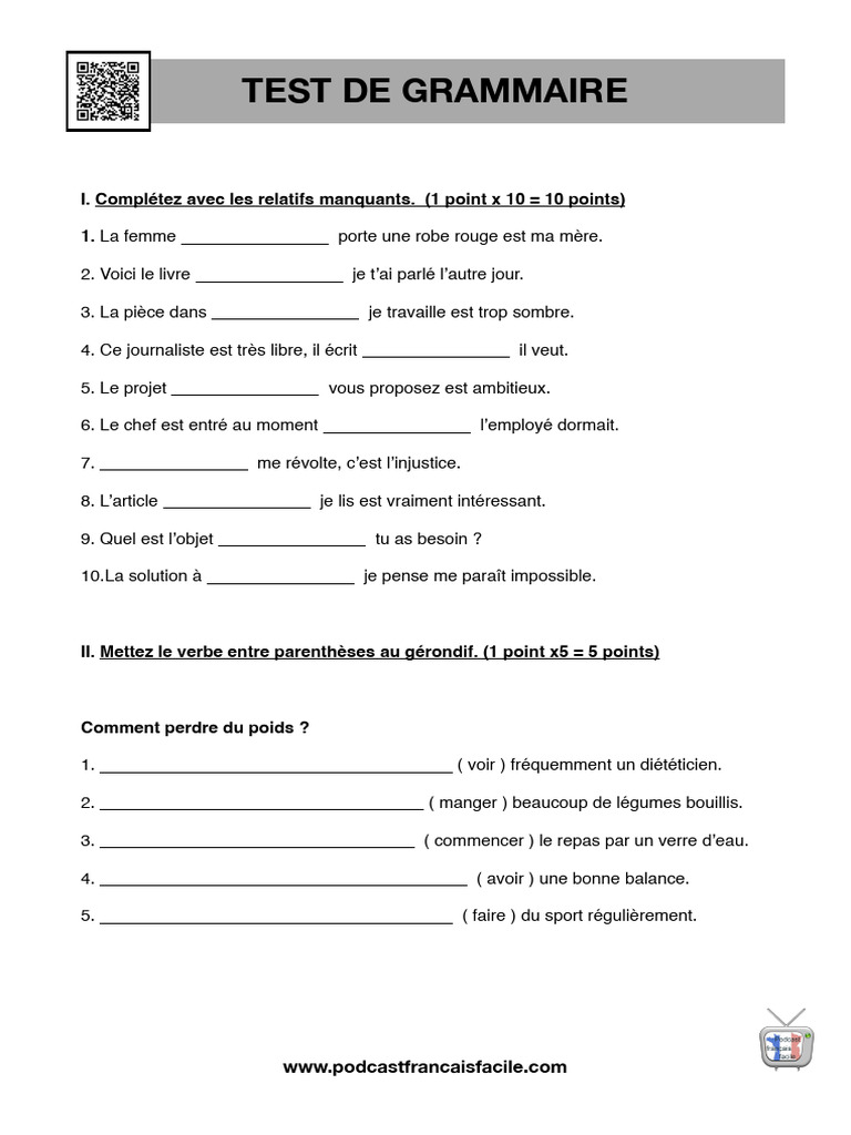 Test de grammaire française complet | PDF