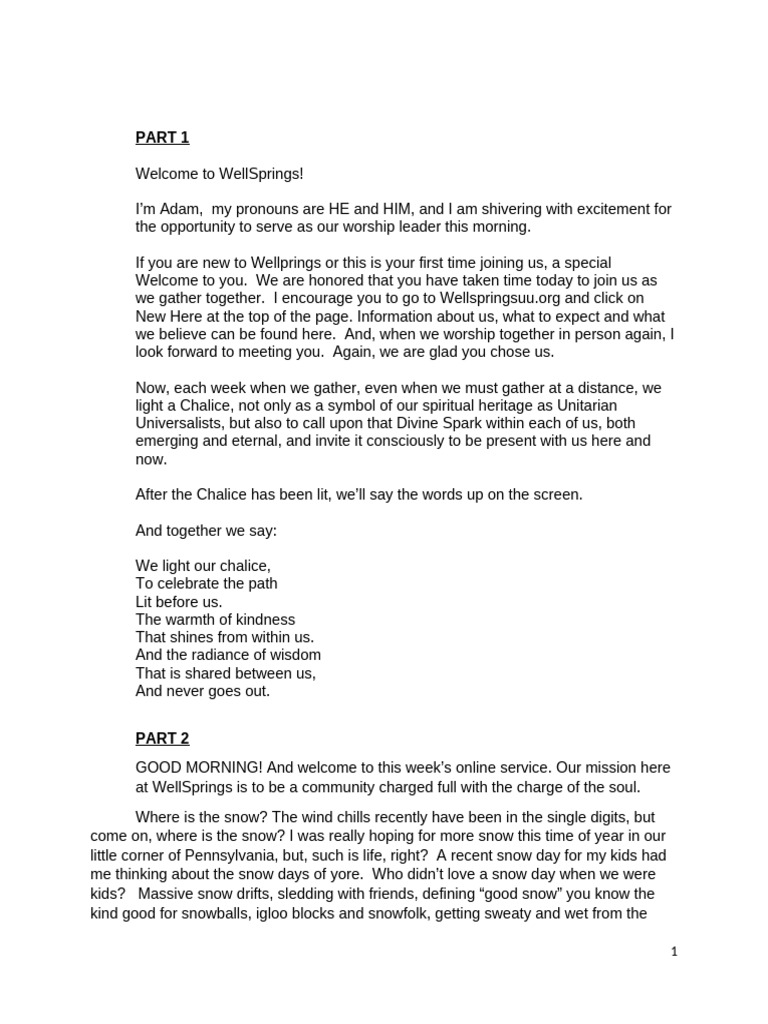 Worship Leading Script 1-30-21 | PDF | Unitarian Universalism