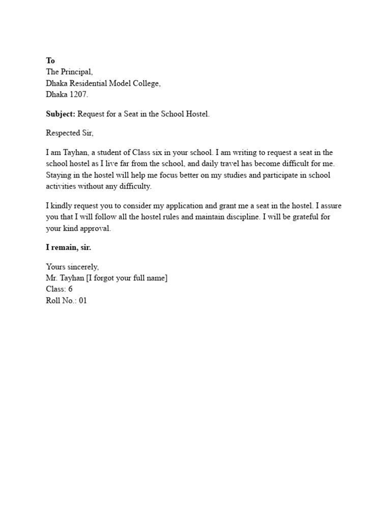 Hostel Seat Application for Class 6 | PDF