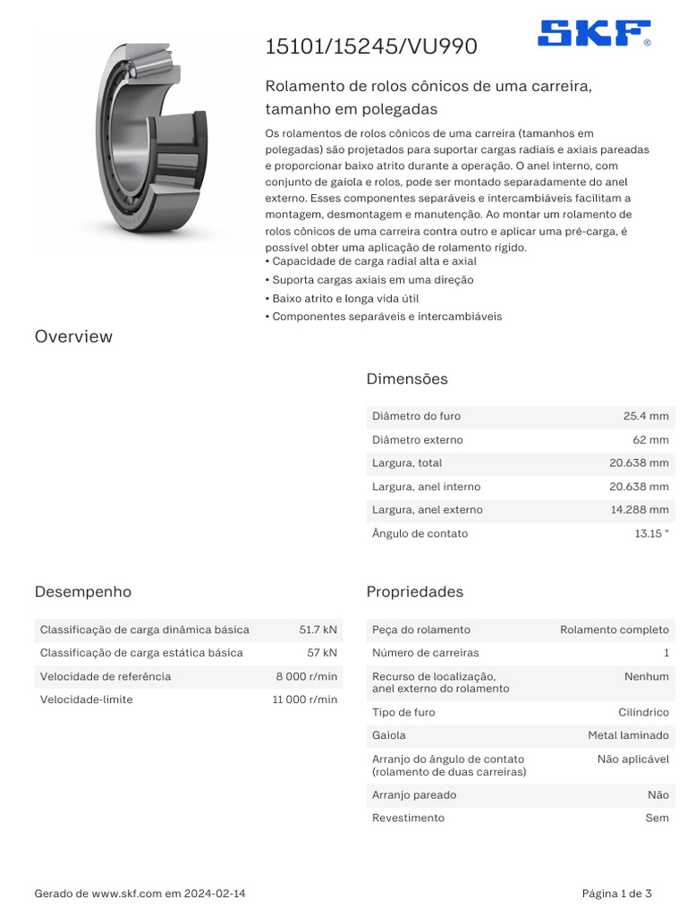 Rolamento Cônico de Uma Carreira em Polegadas | PDF | Software de ...