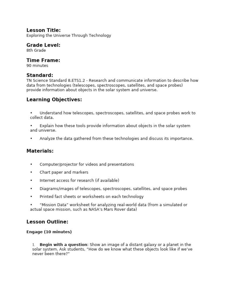 Standard 8.ETS1.2 Lesson Plan | PDF | Planets | Space Exploration