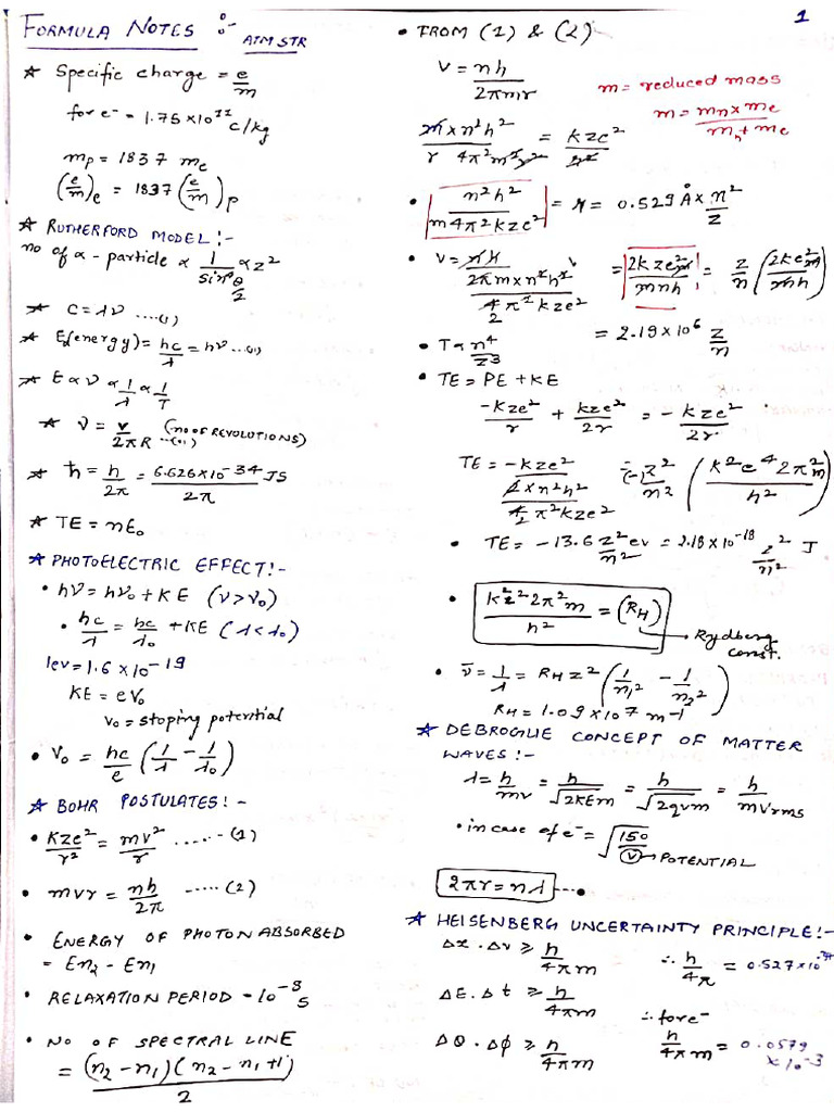 JEE Atomic Structure Short Notes | PDF
