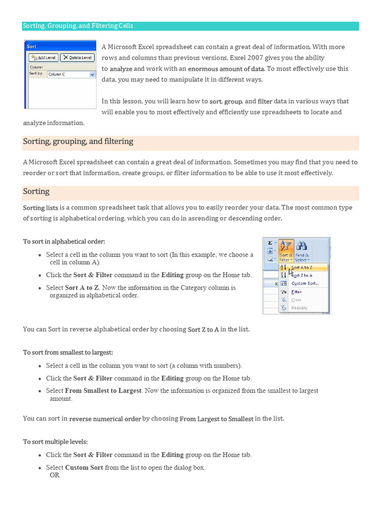 10. Sorting, Grouping, and Filtering Cells | PDF | Spreadsheet | Microsoft Excel