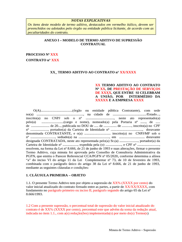 Anexo I Modelo de Termo Aditivo de Supressao Contratual 1 - 5 | PDF