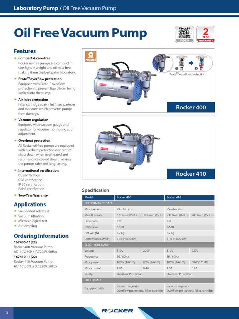 Rocker 400 & 410 Oil-Free Vacuum Pumps | PDF | Filtration | Mains ...