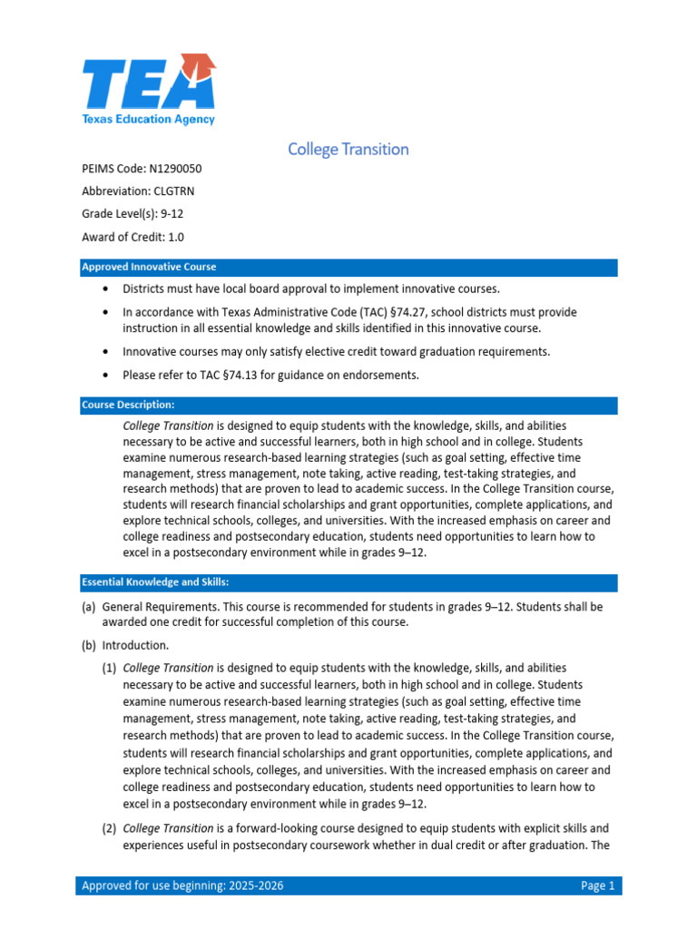 College Transition Course Overview | PDF | Motivational | Motivation