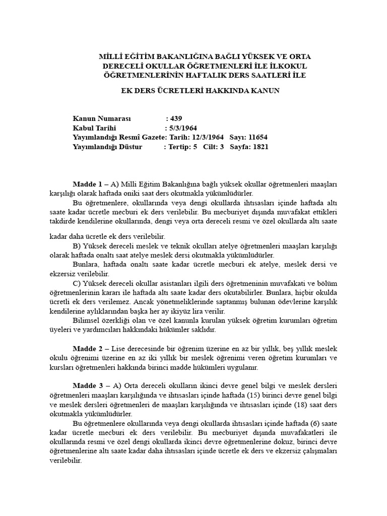 22. Ä°lkokul Ã Ä retmenlerinin HaftalÄ±k Ders Saatleri Ä°le Ek Ders Ã cretleri HakkÄ±nda Kanun | PDF